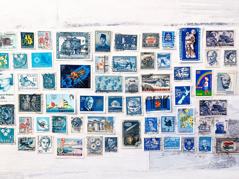 Vintage Postage Stamps • Shades of Blue • Set of 30 Postal Collage ...