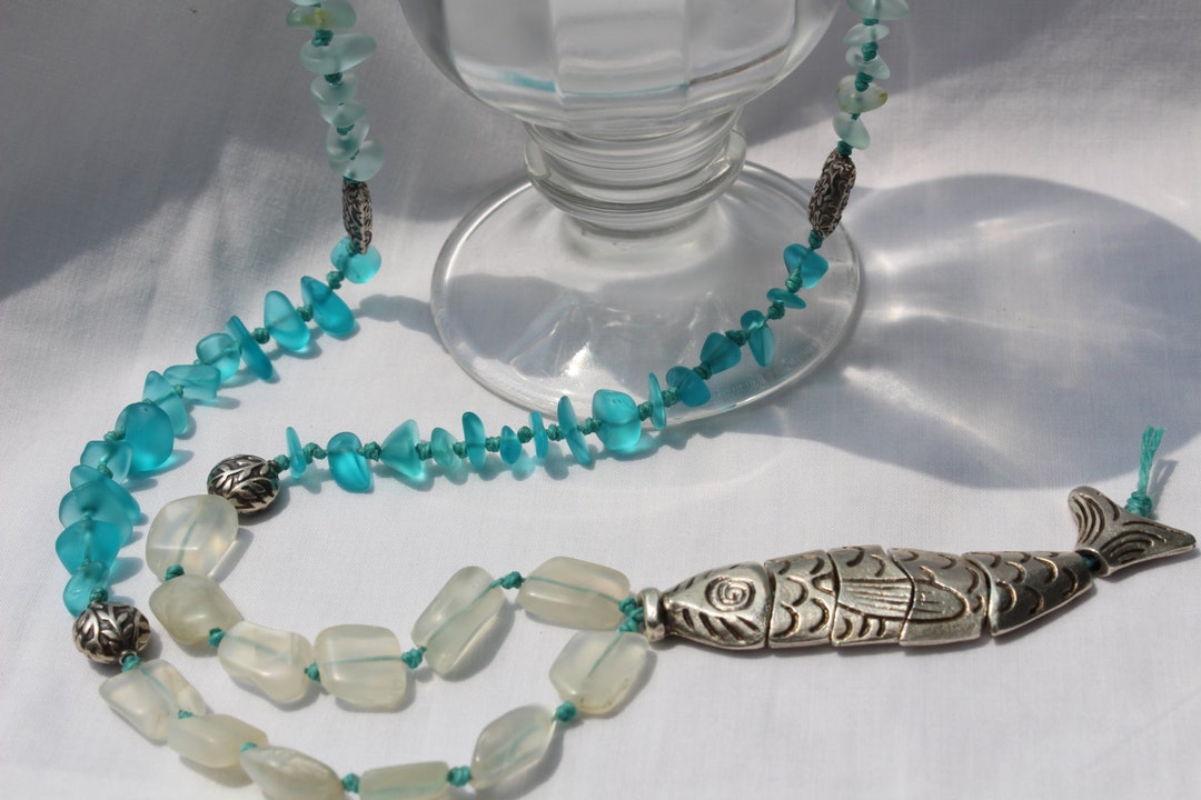 Sea Glass Fish Necklace – Pewter Fish, Moonstone, Sterling Silver, 29.5 ...