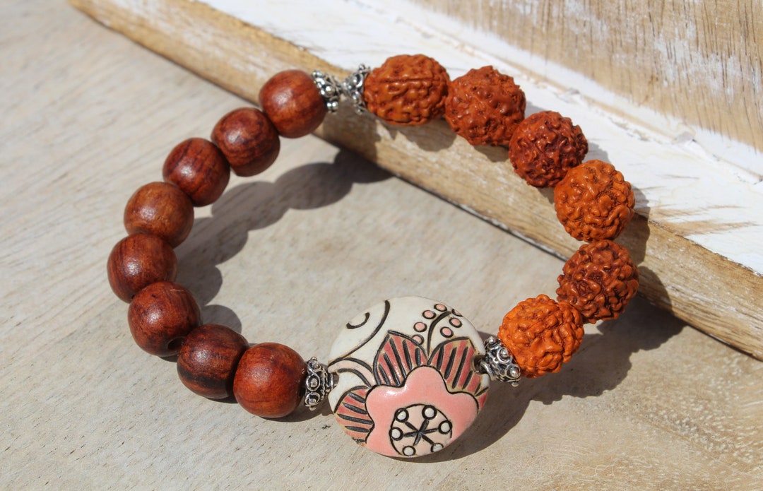 Boho Rust,pink,bone Bracelet, Hand Glazed & Carved Cotton Flower Bead ...