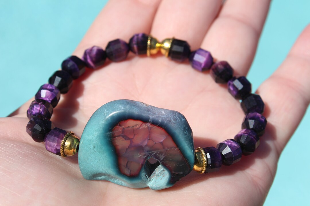 Purple Tiger Eye Bracelet, Aqua-green & Purple Agate Slab Focal ...