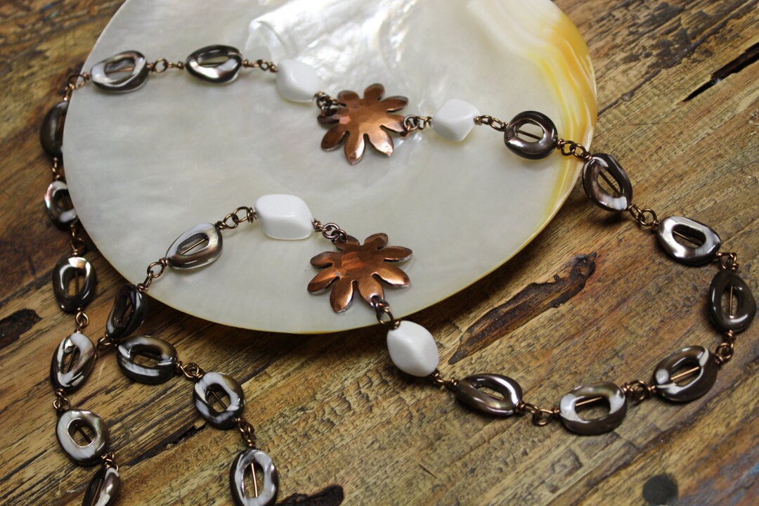 Wire Wrap Shell Necklace - Two Hammered Copper Flowers - Wire Wrap ...