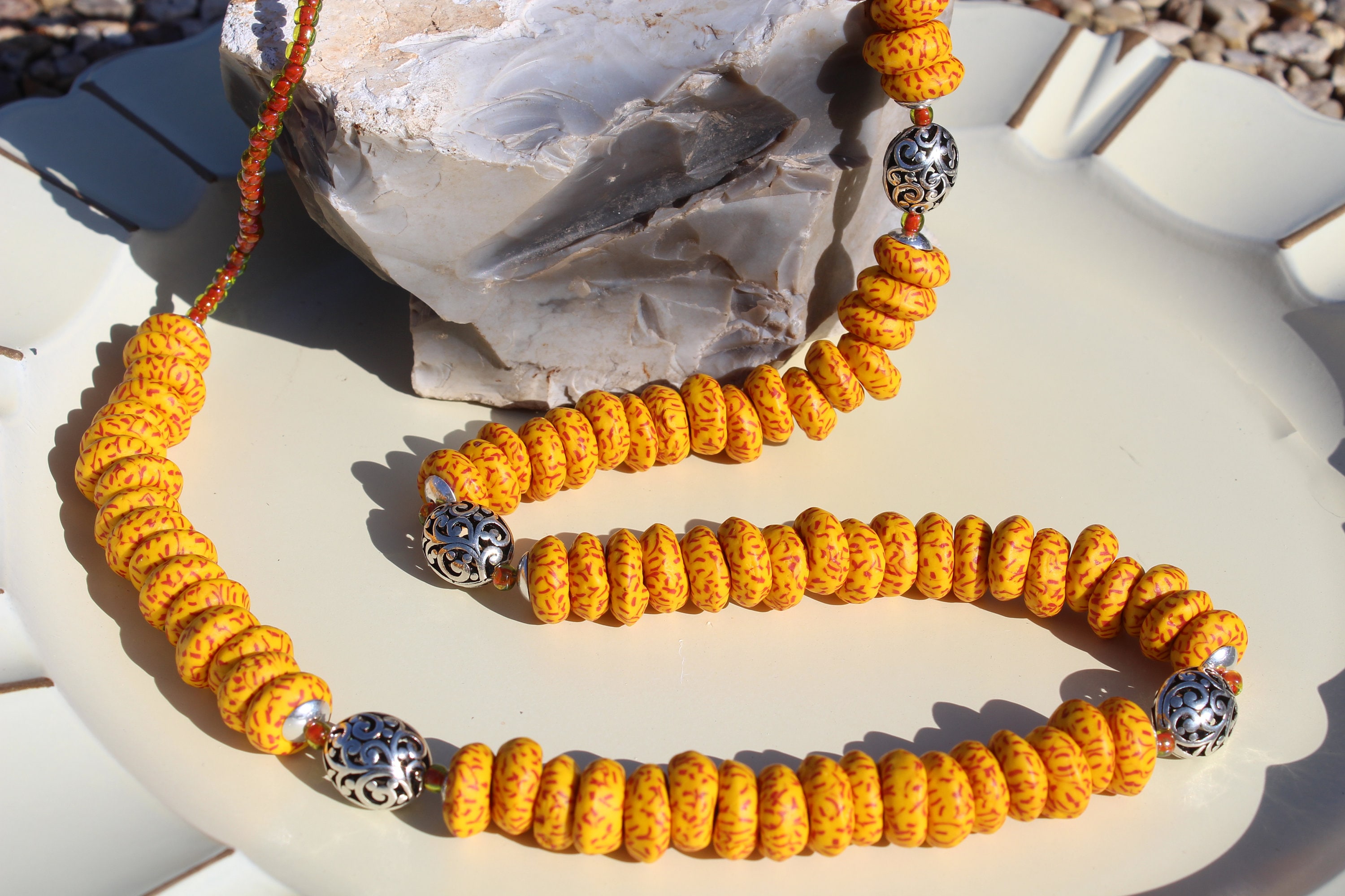 African Mustard Yellow, Red Necklace, Ghana Krobo Tribe Recycled Glass ...