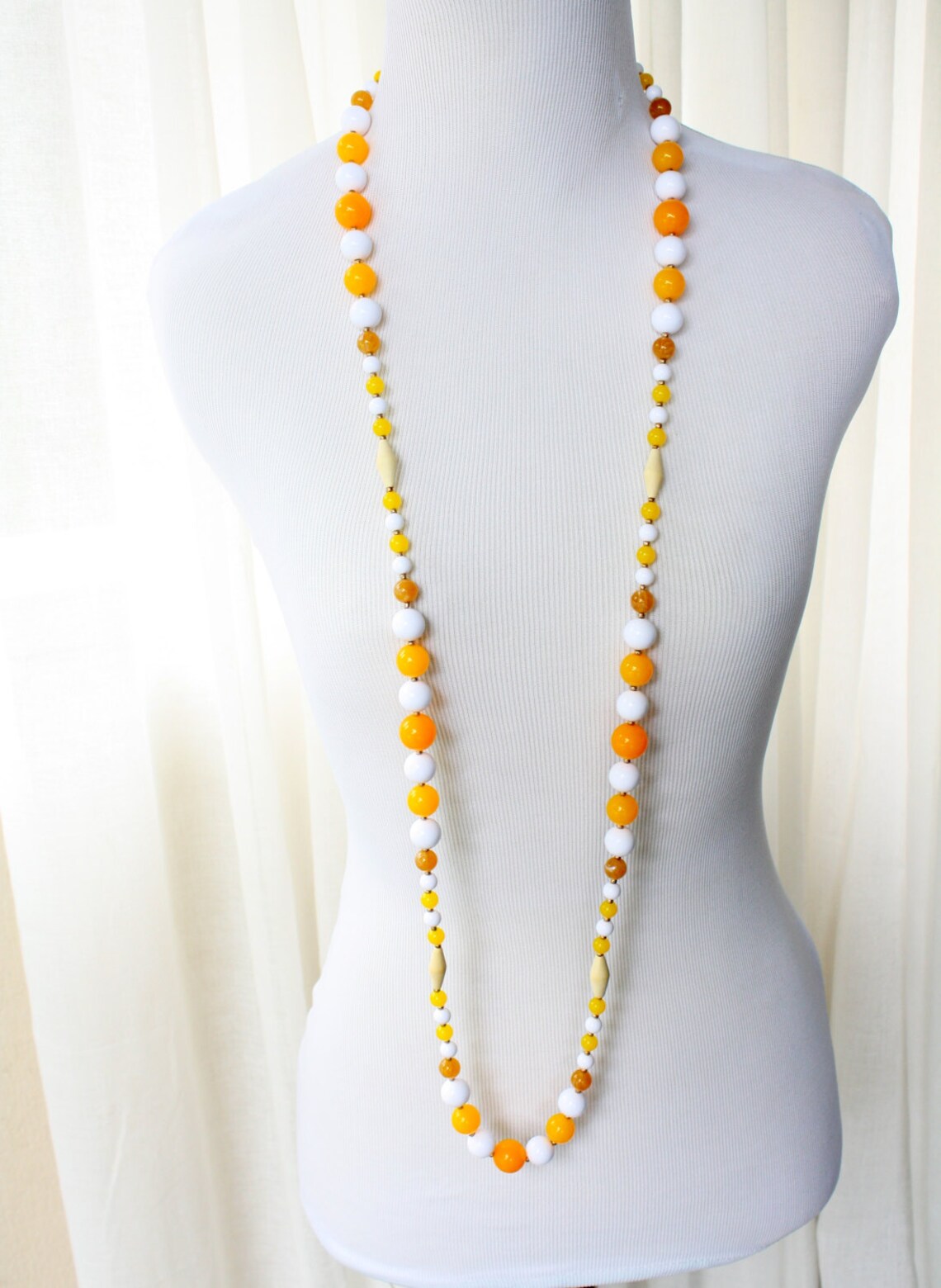 Vintage Opera Length White and Yellow Beaded Necklace by Joan | Etsy