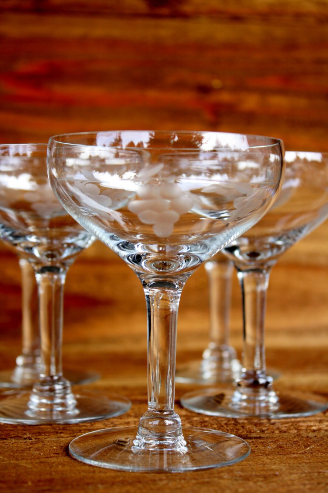 Vintage Tall Champagne Glass With Etched Grape Pattern Set of - Etsy