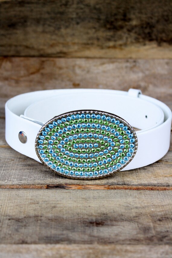 Vintage Aqua & Green Rhinestone Belt Buckle with Whit… - Gem