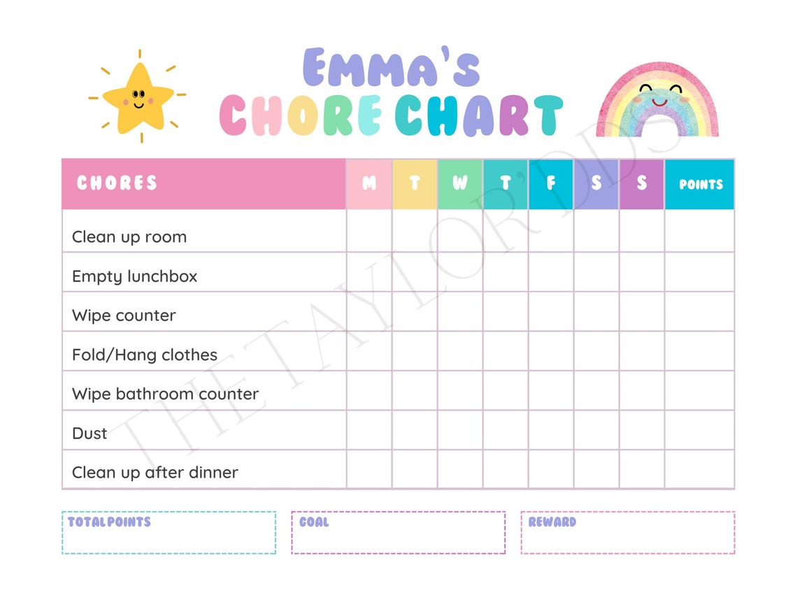 Kids Rainbow Chore Chart | Weekly Responsibility Tracker (digital ...