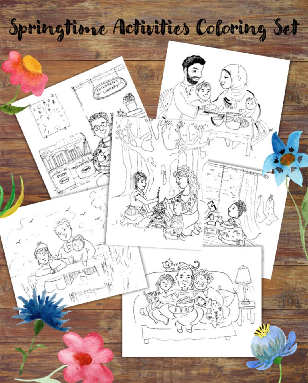 Springtime Activities Coloring Page Set - Etsy