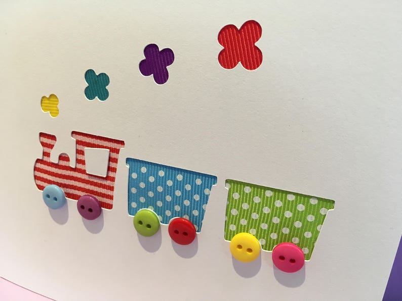 Train Card - Hand Cut Steam Train With Button Wheels - Paper Handmade ...