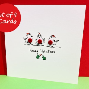 Pack of 4 Christmas Cards - Cute Robins With Buttons - Paper Handmade ...