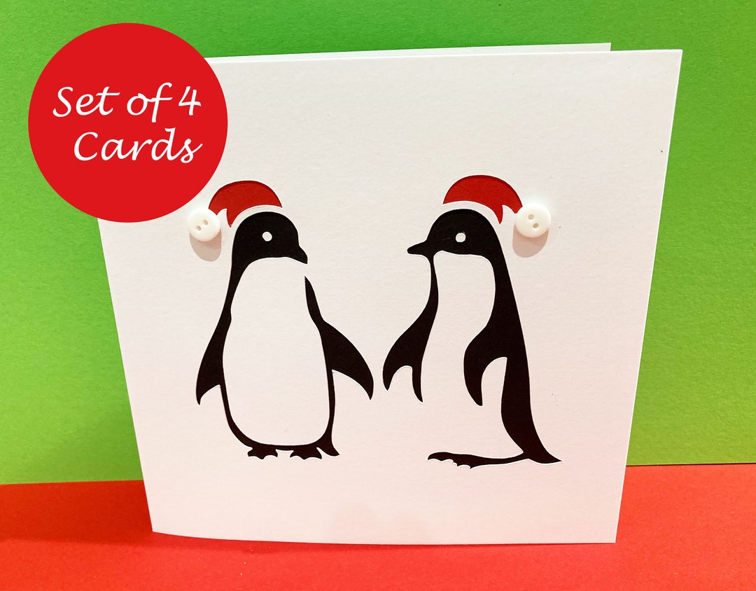 Set of 4 Penguins Christmas Card Paper Cut Penguins Holiday Card ...