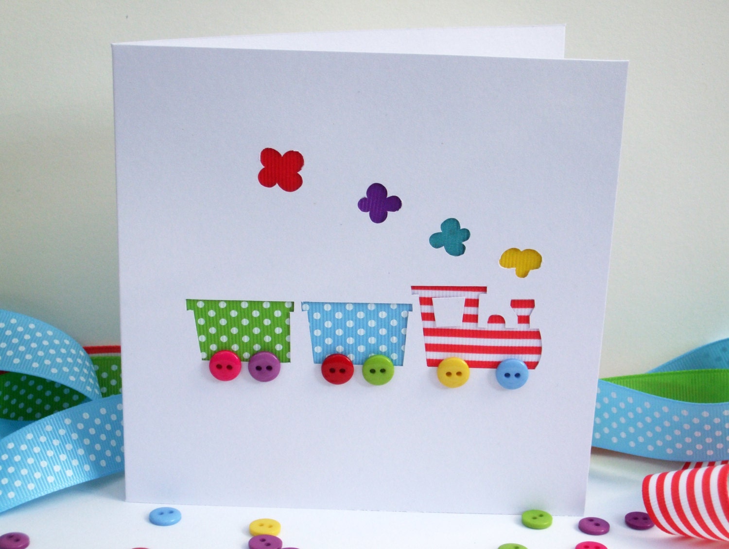 Train Card - Hand Cut Steam Train With Button Wheels - Paper Handmade ...