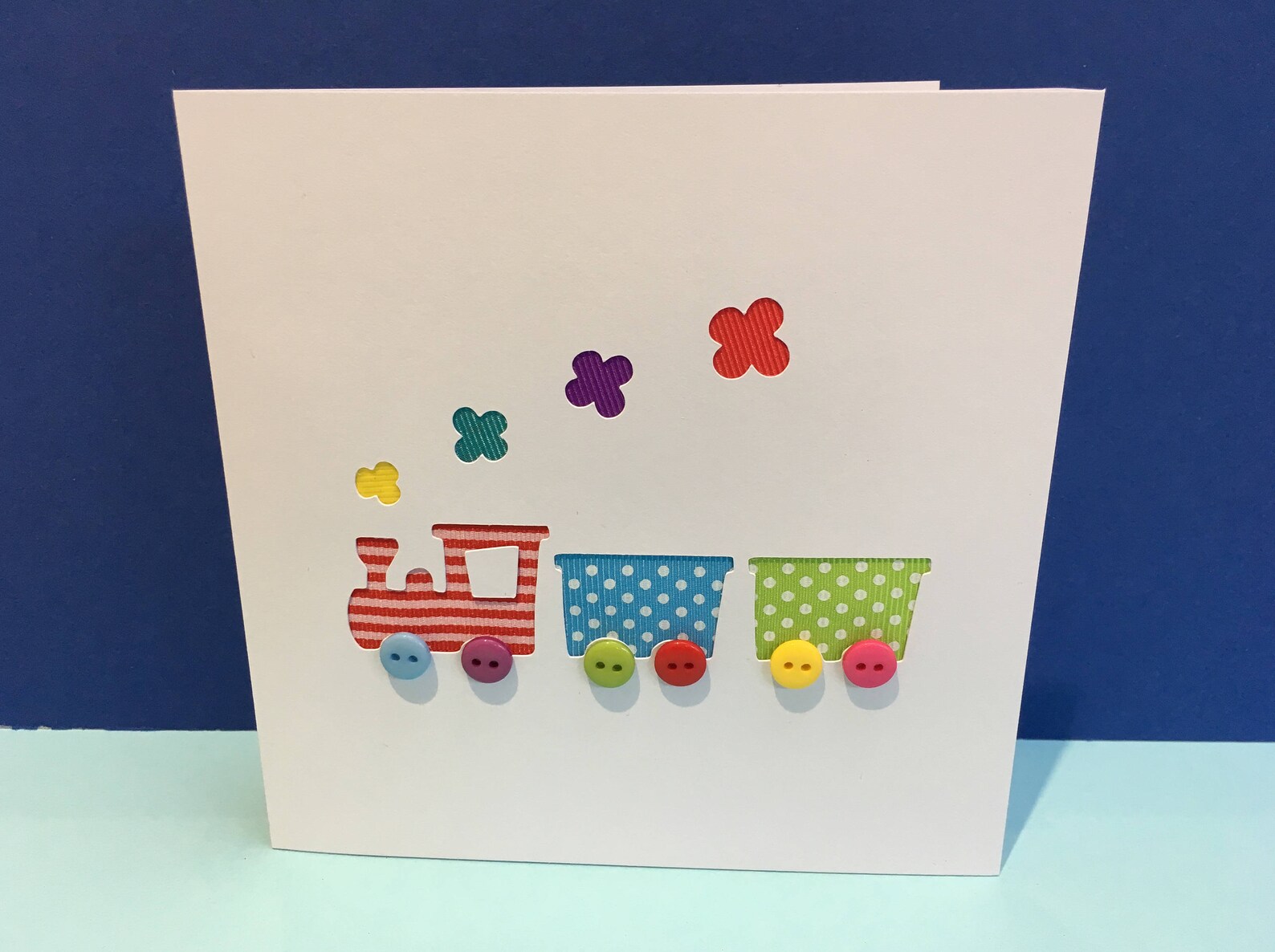 Train Card - Hand Cut Steam Train With Button Wheels - Paper Handmade ...