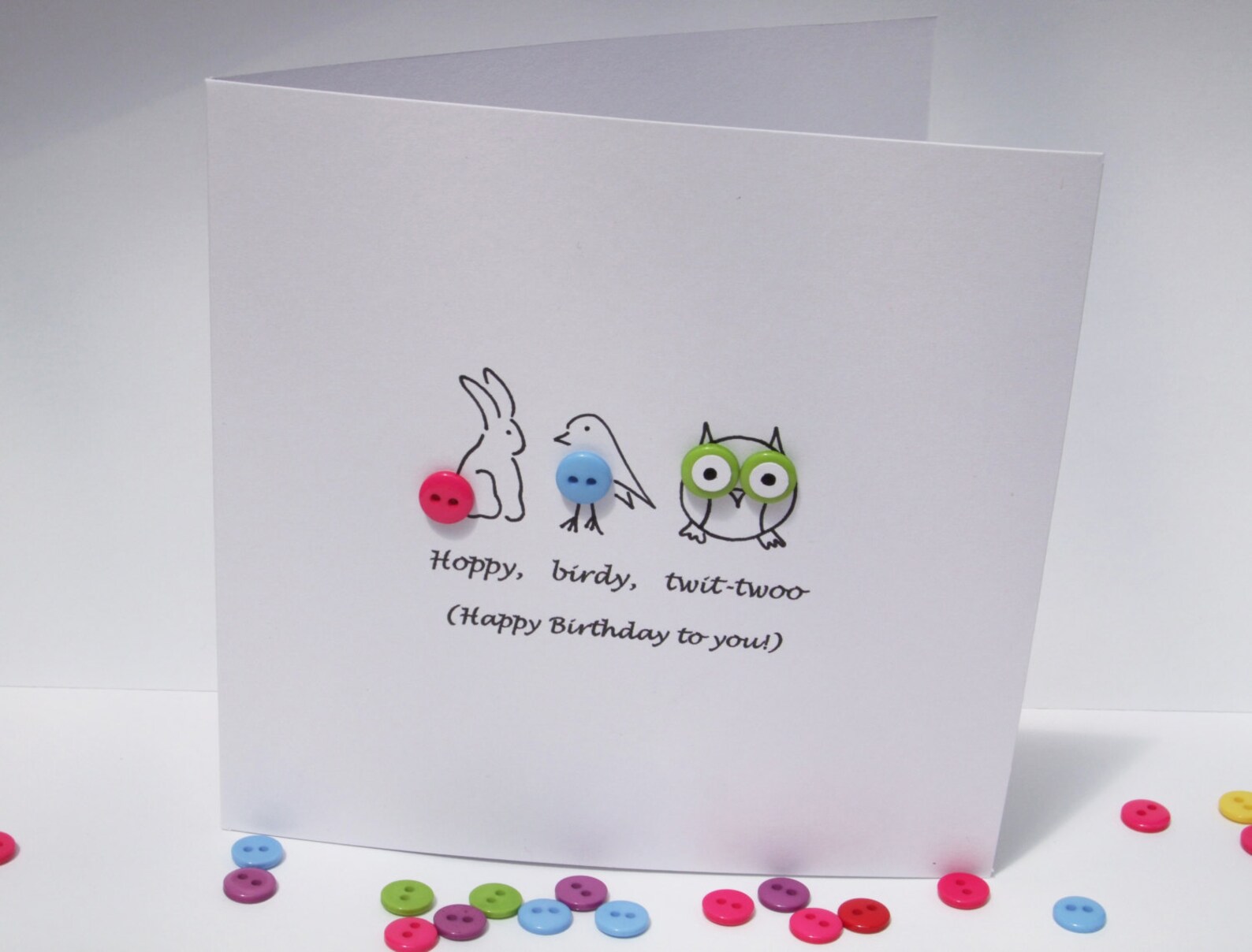 Hoppy, Birdy, Twit-twoo Birthday Card, Bunny, Bird and Owl Card With ...