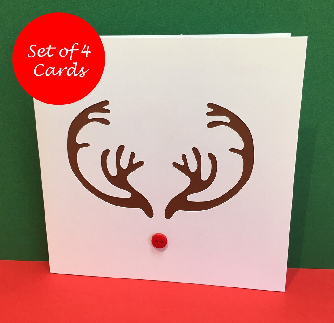 Christmas Card Set 4 Cards Paper Cut Reindeer Antlers With Red Button ...