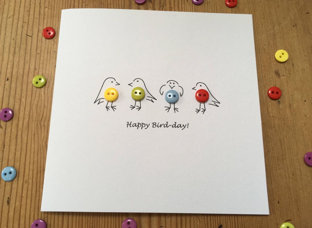 Happy Bird-day Birthday Card - Cute Birds With Buttons - Handmade ...