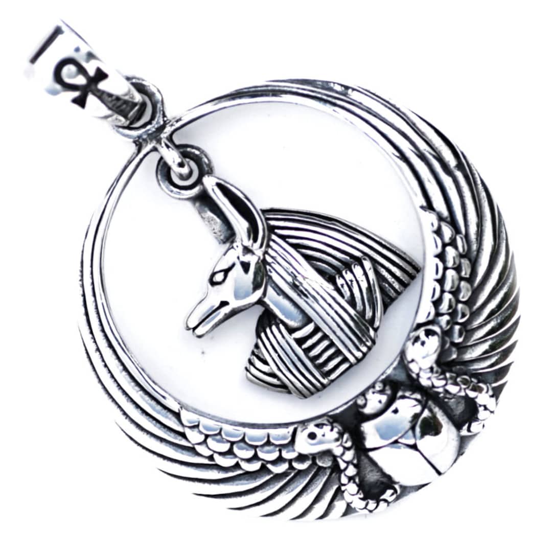 Anubis Ancient Egyptian Pendant Sterling Silver Winged Sun Scarab Ankh ...