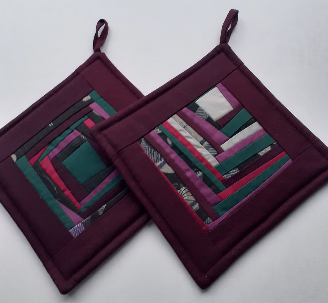 Set of 2 Patchwork Pot Holders Purple Green Quilted Pot Holders Kitchen ...