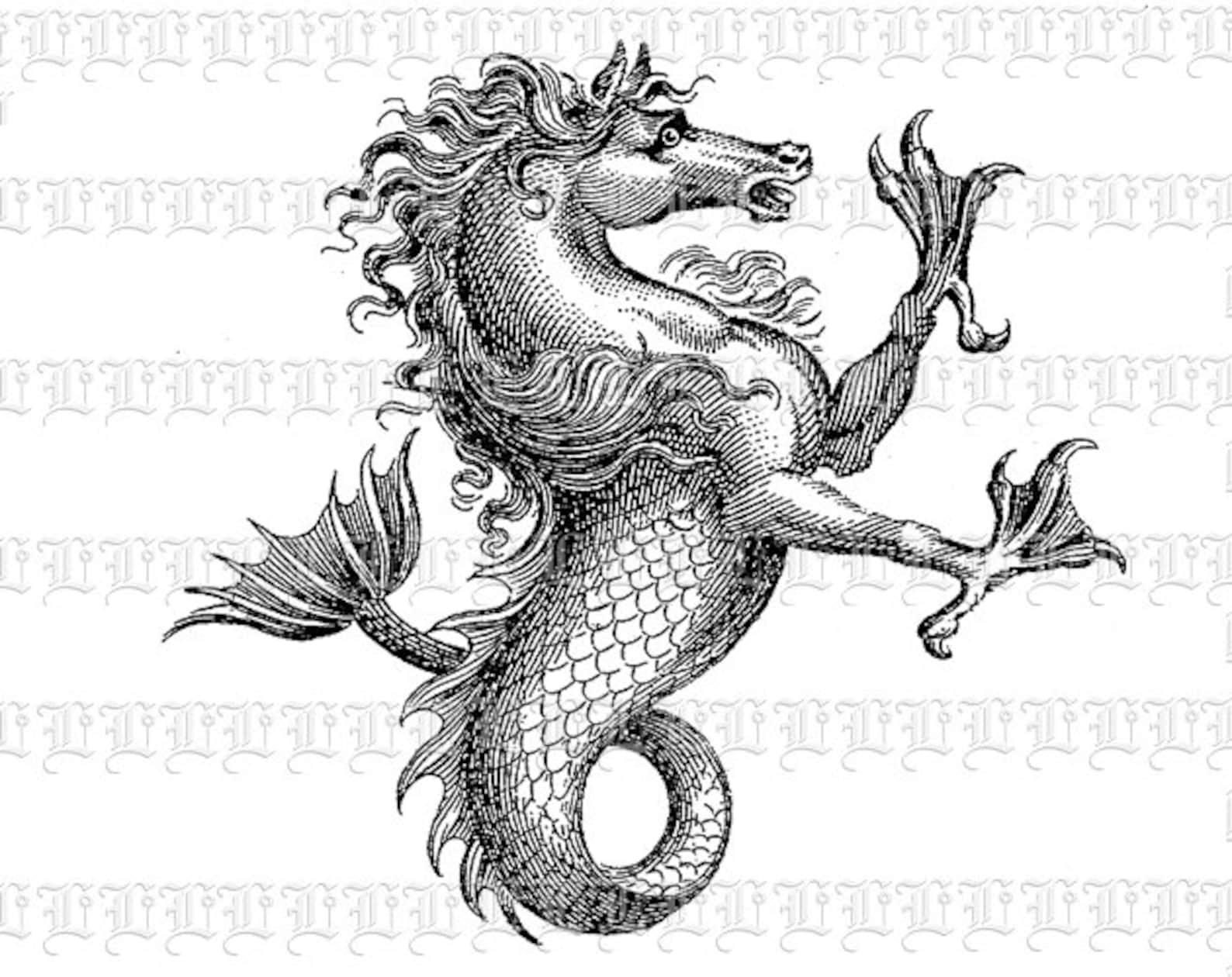 Herald Symbol Mythical Creature Horse Fish Digital Vintage - Etsy