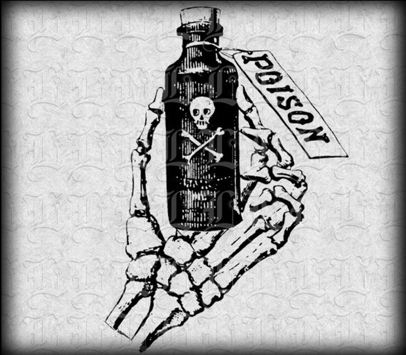 Skeleton Hand Holding Poison Bottle Symbol Vintage Clip Art Printable ...