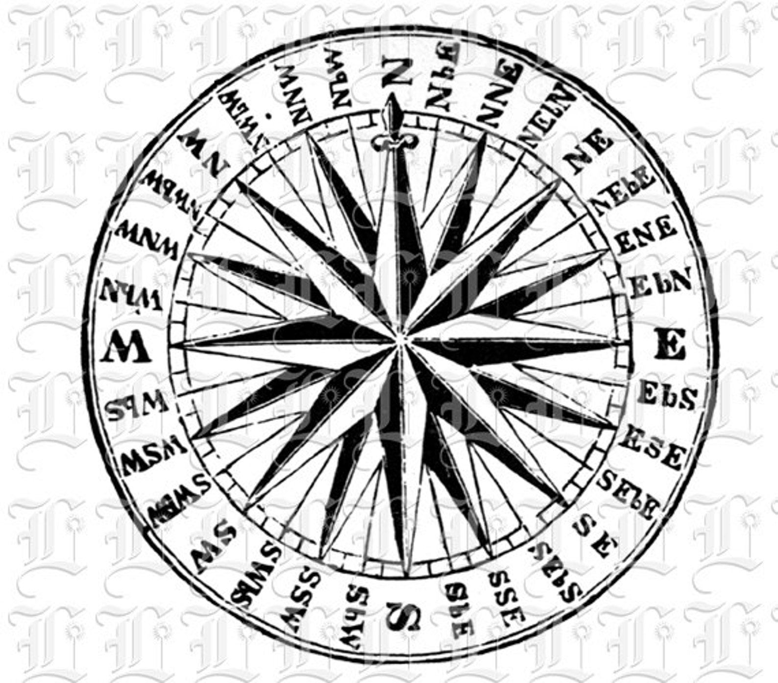 32 Points Rose Compass Navy Vintage Clip Art Illustrations Digital Instant Download High