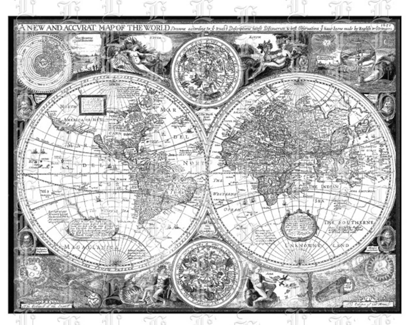 World Map Ancient Cartographic Illustrations Antique Vintage Clip Art ...