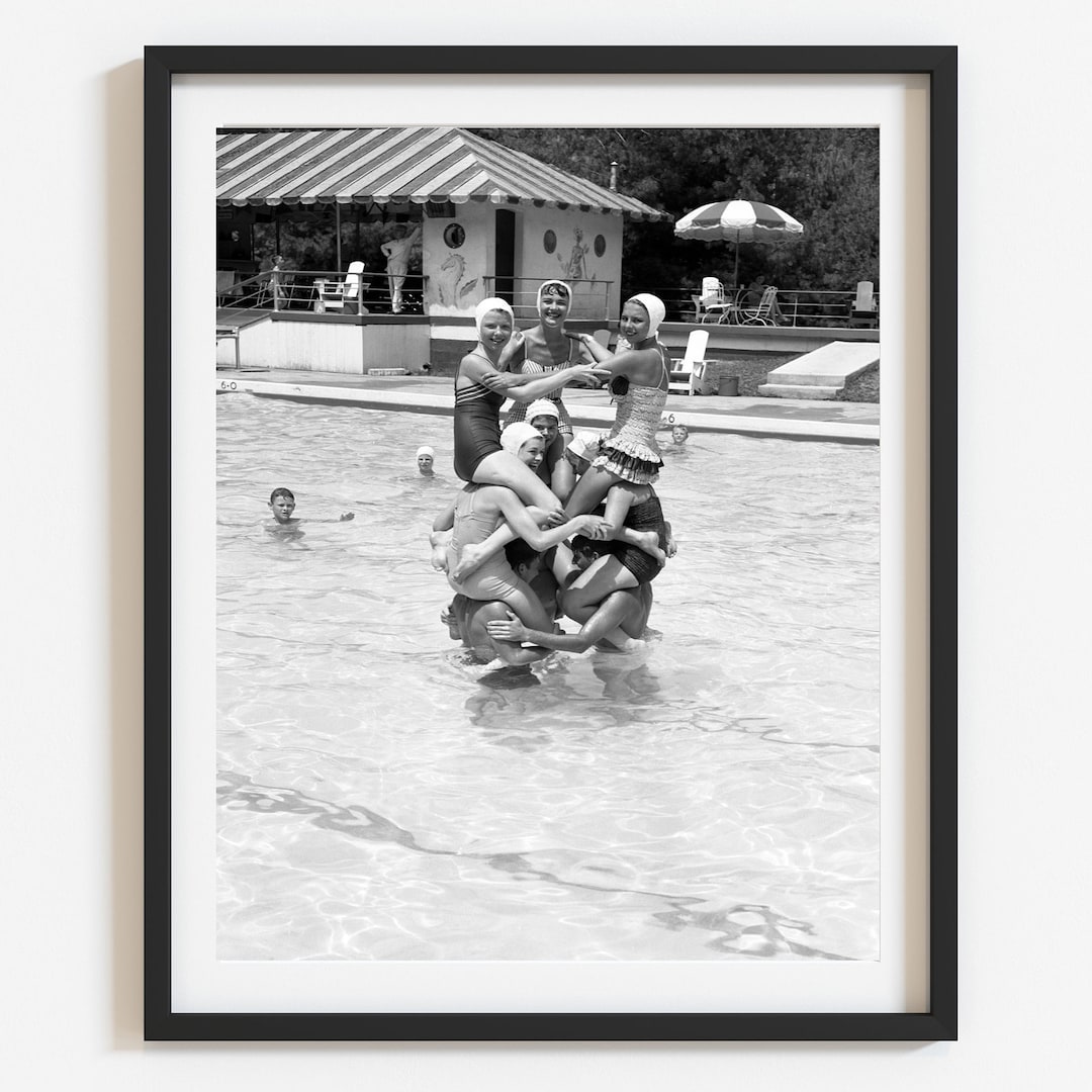 Cute Fun Retro Summer Art, Vintage 1940's Swimming Pool Photo Print ...