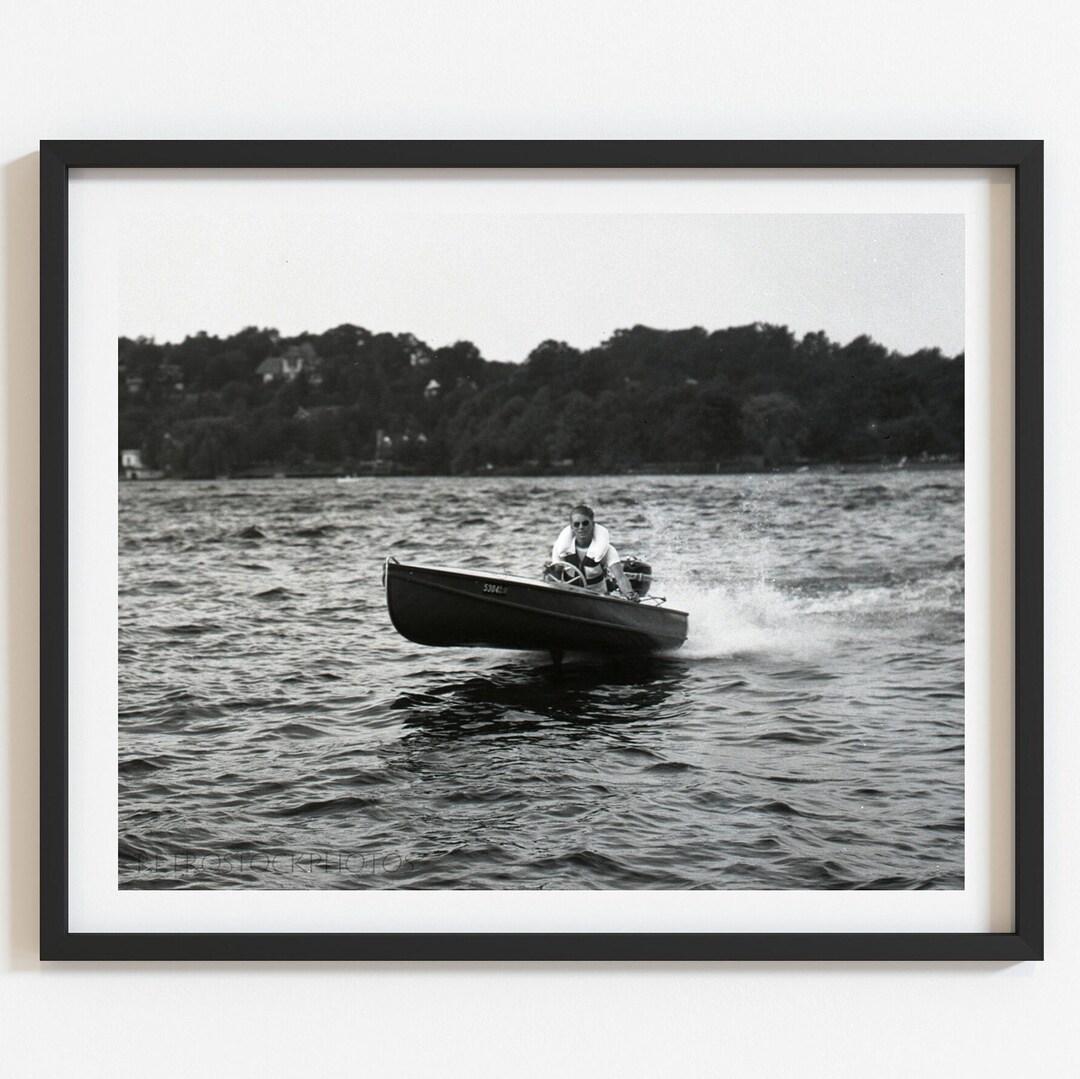 Vintage Speedboat Photo Print: 1950s Black and White Lake House Decor ...