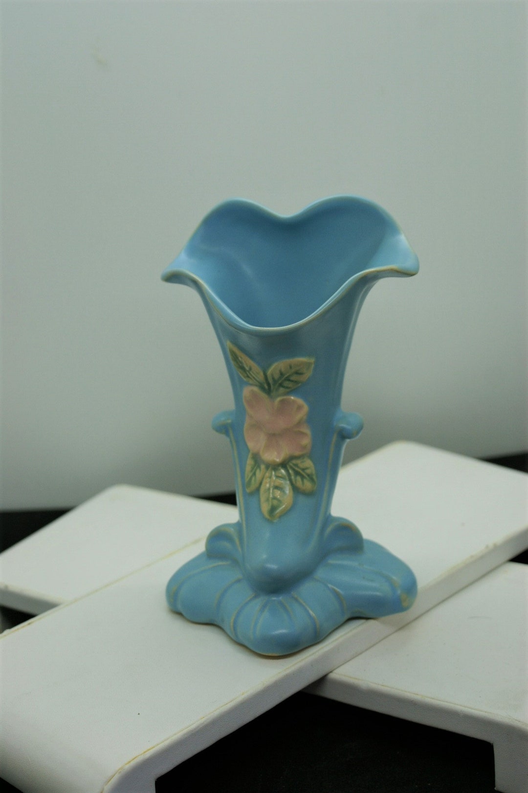 Vintage Weller Pottery Blue Cornucopia Vase / Light Blue Color W/pink ...