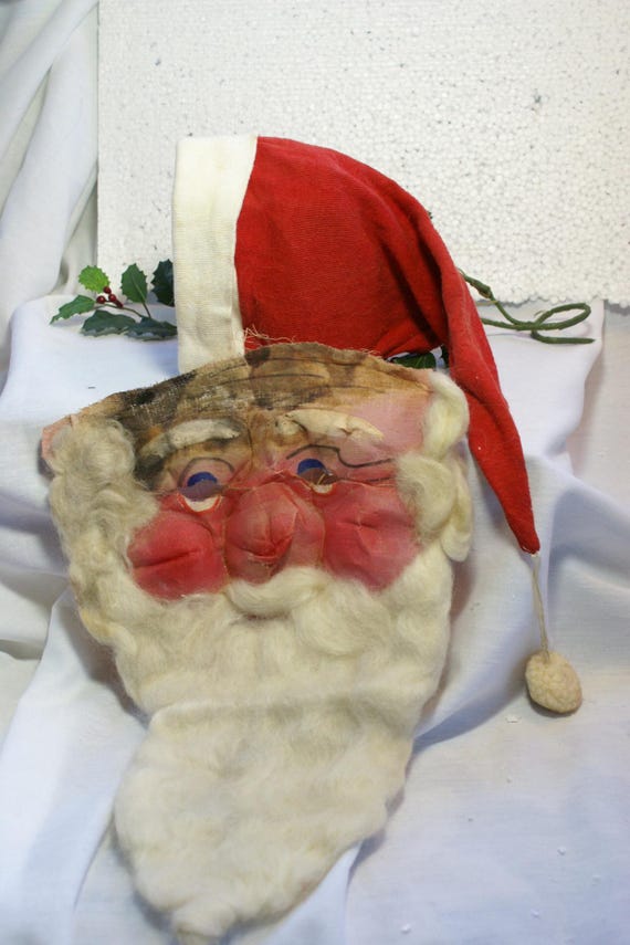 Antique Santa Mask , Beard & Stocking Hat / Good Cond… - Gem