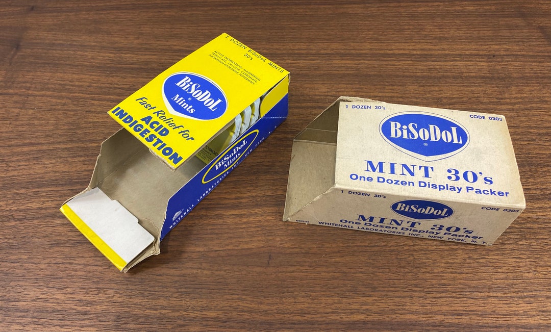 Vintage 1950s Bisodol Mint Tins and Display Package - Contains 6 Tins ...