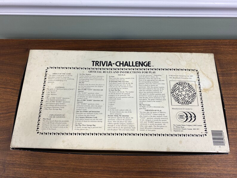 Vintage 1984 Trivia-challenge Complete With Easy and Difficult ...
