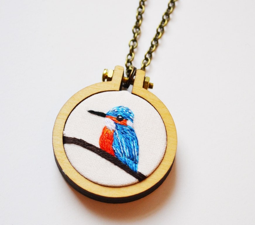 Miniature Embroidery Kingfisher Necklace or Brooch Tiny 4cm - Etsy UK