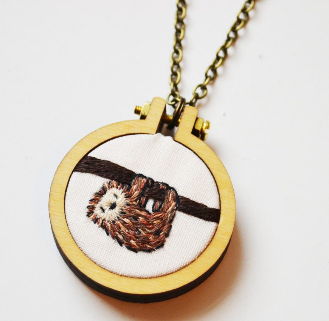 Sloth/slow Loris Hand Embroidery Hoop Necklace or Brooch Tiny 4cm ...