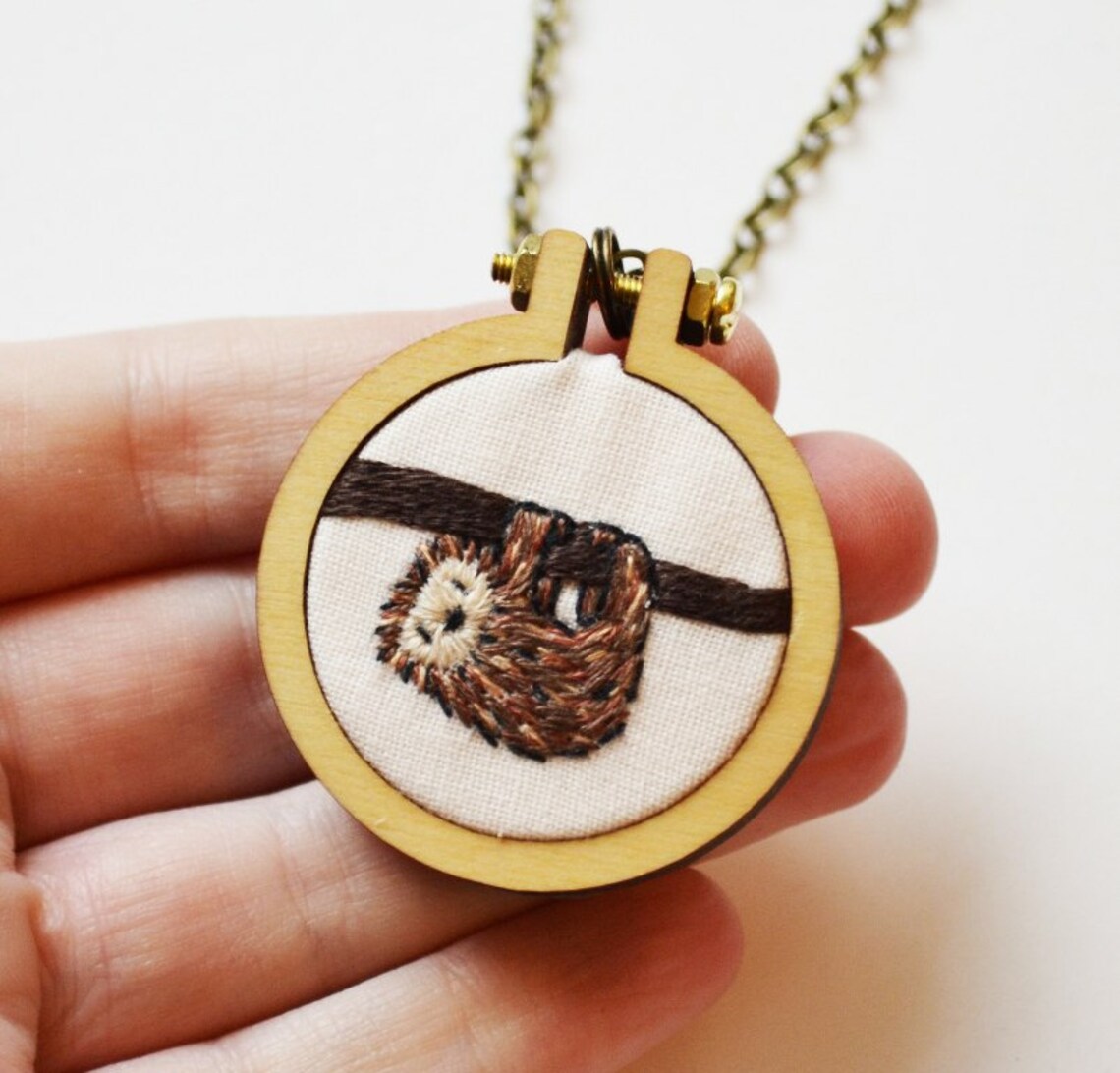 Sloth/Slow Loris Hand Embroidery Hoop Necklace or Brooch Tiny | Etsy