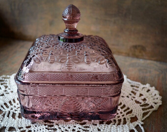 Vintage Tiara Glass Candy Dish - Amethyst Glass Bee Hive Covered Honey ...