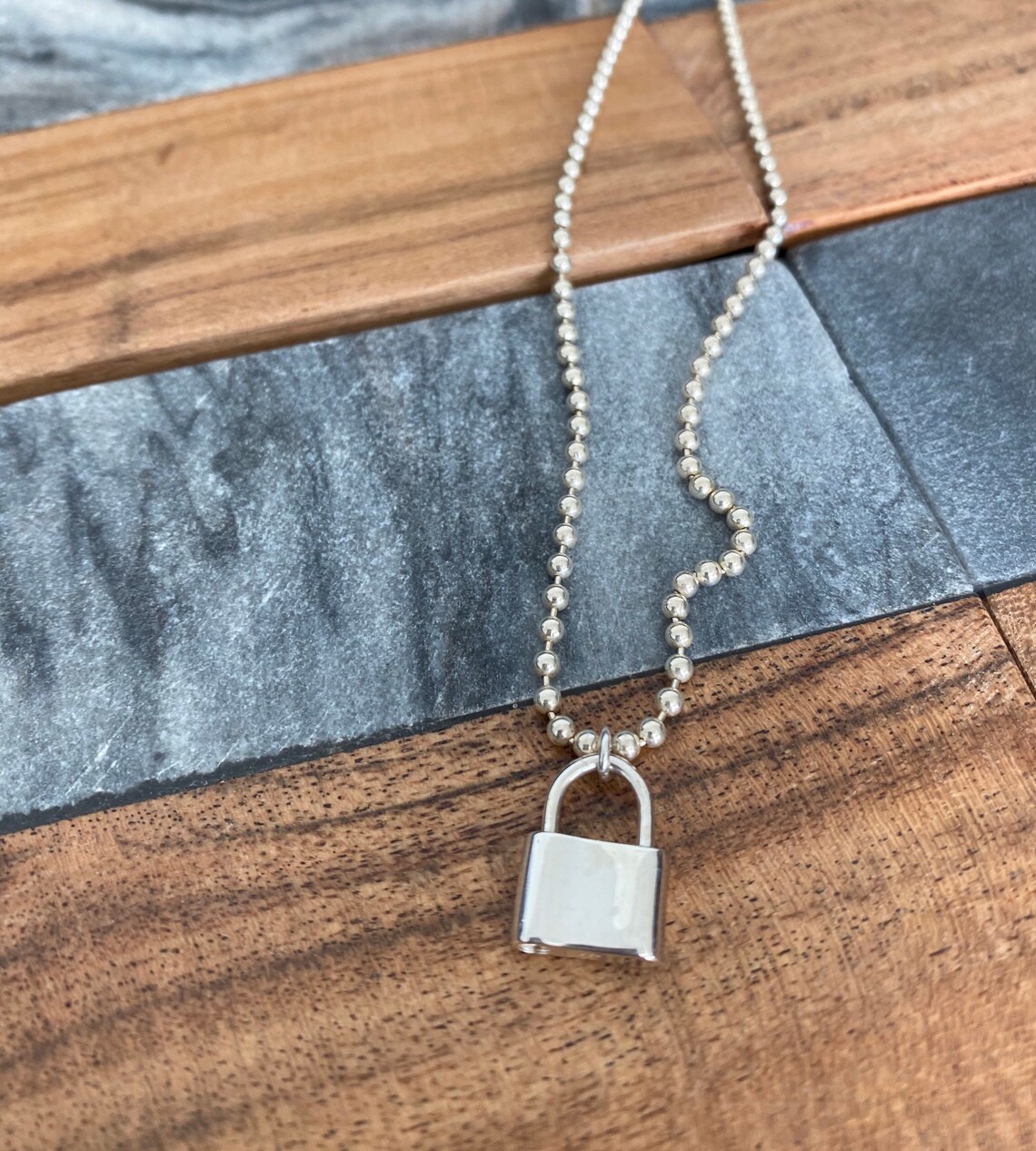 Padlock Pendant Necklace Beaded Chain Sterling Silver - Etsy