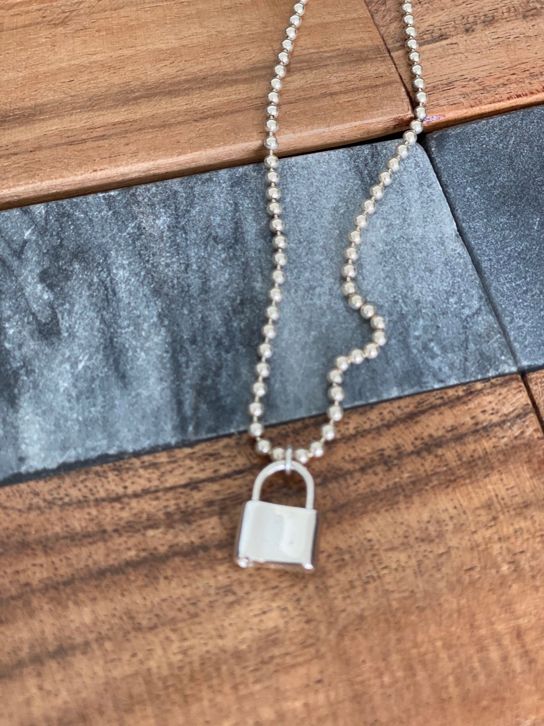 Padlock Pendant Necklace, Beaded Chain, Sterling Silver - Etsy