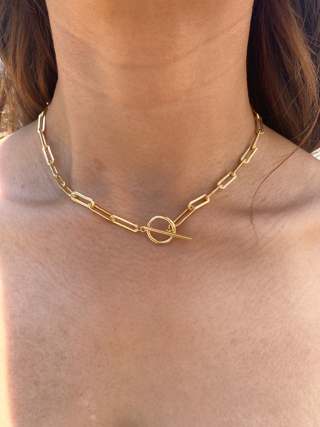 Chunky Paper Clip Chain Necklace With Toggle, Stacking Necklace, 14k ...