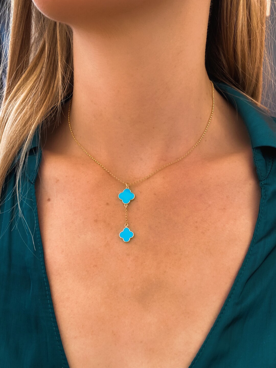 Double Clover Drop Necklace, Dainty Necklace, Minimalist - Etsy