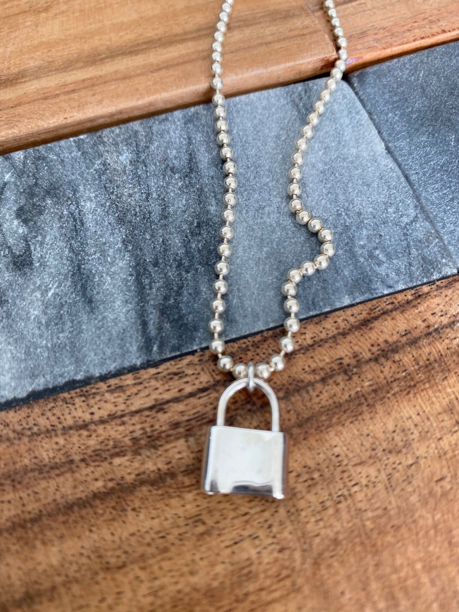 Padlock Pendant Necklace Beaded Chain Sterling Silver - Etsy