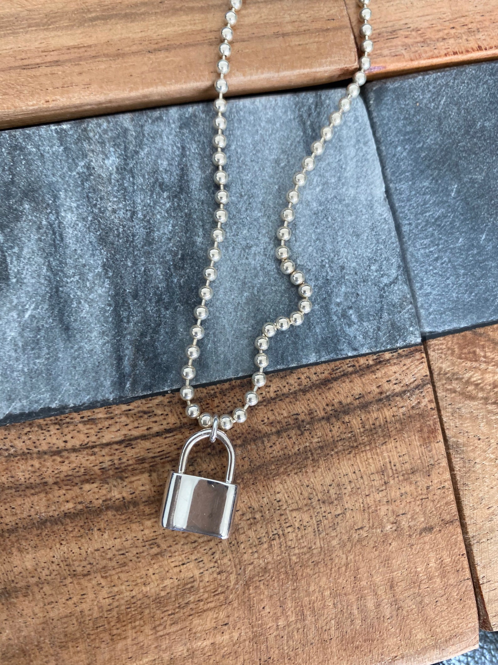 Padlock Pendant Necklace Beaded Chain Sterling Silver - Etsy