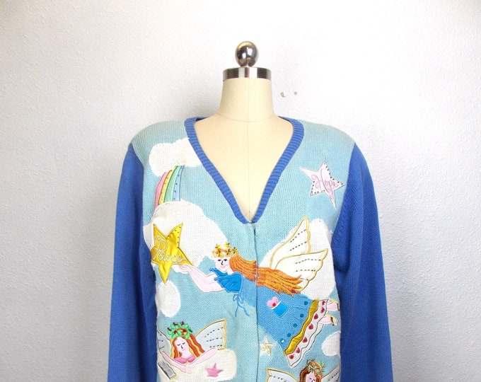 1990's Angel Theme Cardigan Sweater Quacker Factory Size L - Etsy