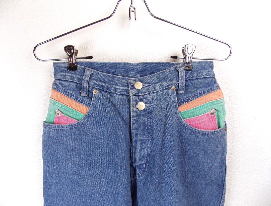 1980's STEFFANO Color Block Med Wash Denim Jeans 26 Waist - Etsy
