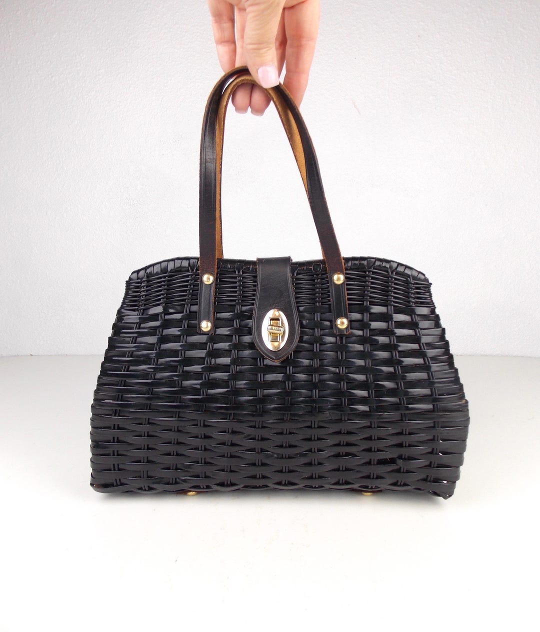 1960's Black Basket Weave Handbag - Etsy