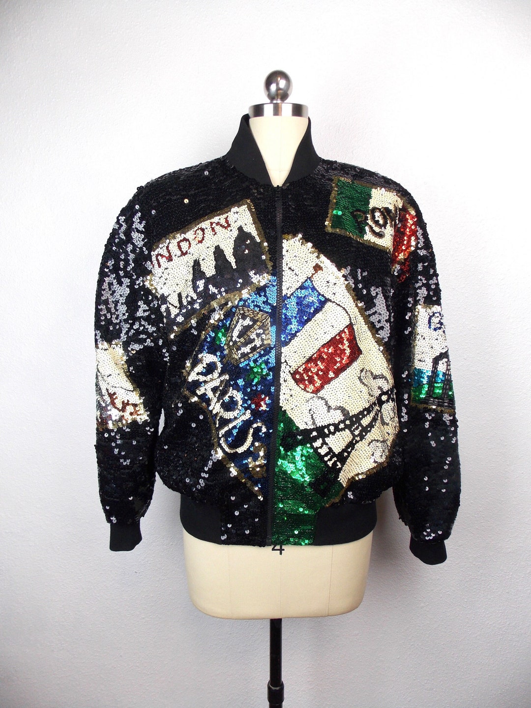 1990's Sequin Bomber Jacket European Cities IB Diffusion Size S - Etsy