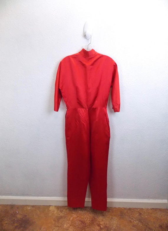 1950's Two Piece Red Satin Jumpsuit with Matching Ove… - Gem