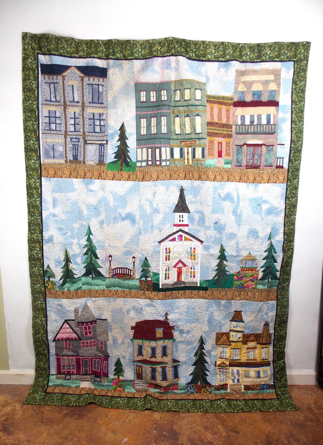 Queen Size Quilt Hometown Main Street Pattern Quilted Wall Art - Etsy