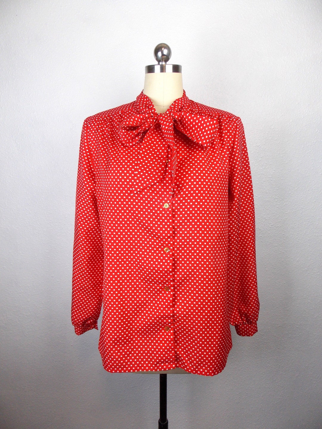 1970s Red And White Polka Dot Pussy Bow Blouse Size Large Etsy