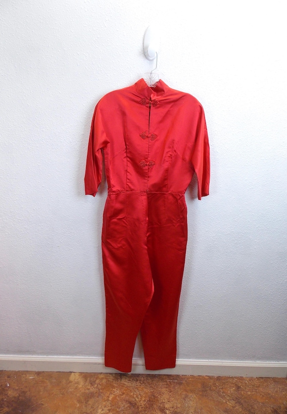 1950's Two Piece Red Satin Jumpsuit with Matching Ove… - Gem