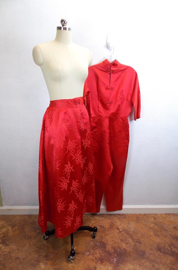 1950's Two Piece Red Satin Jumpsuit with Matching Ove… - Gem